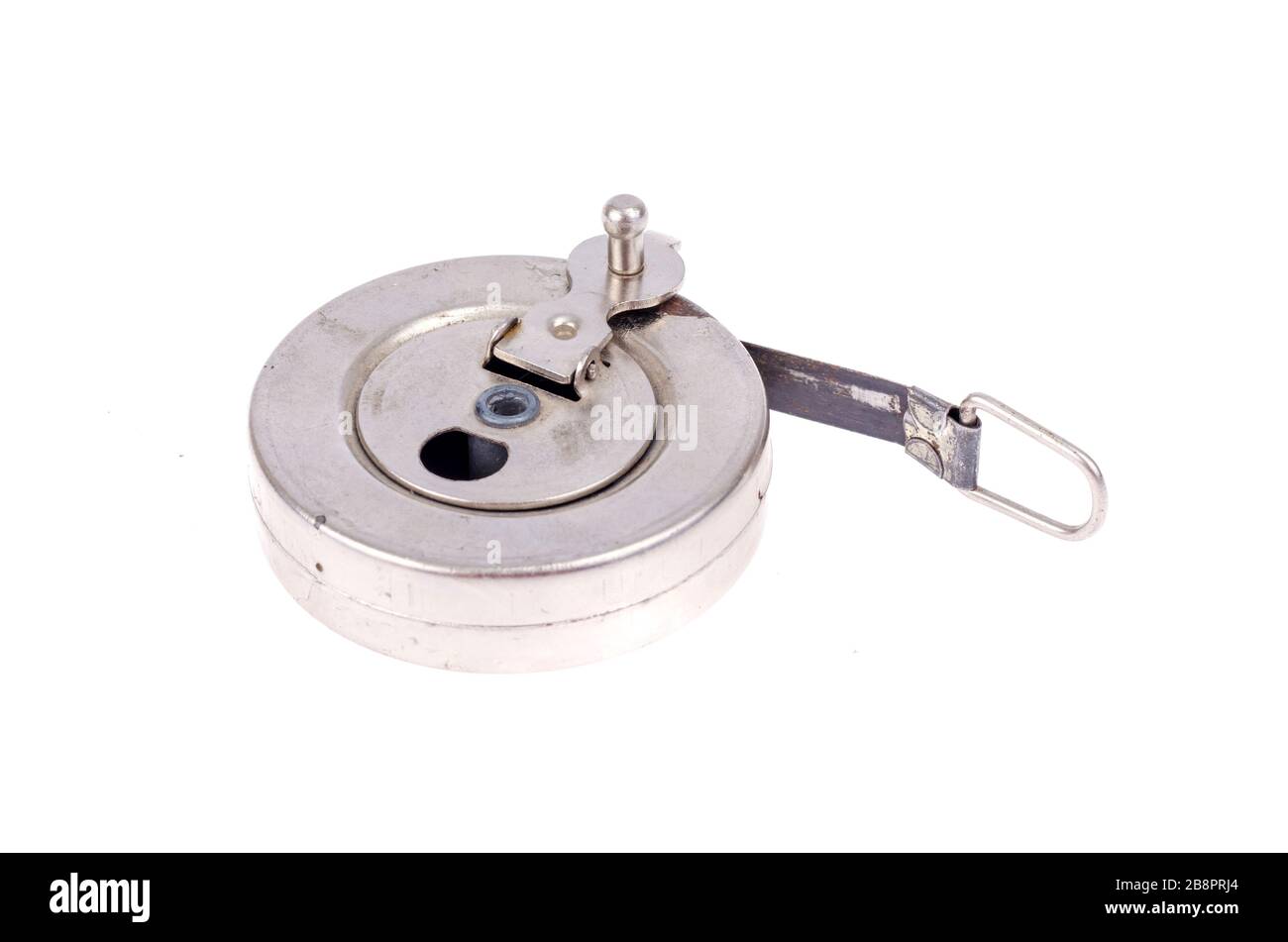 Old scratched metal tape measure, measuring on white. Studio Photo ...