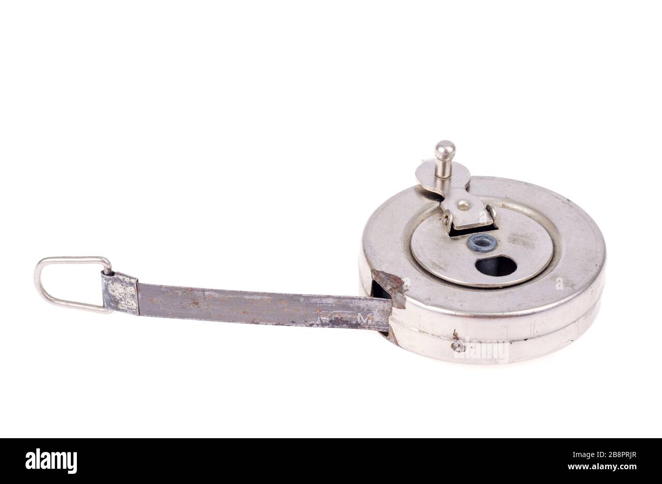 Old scratched metal tape measure, measuring on white. Studio Photo ...
