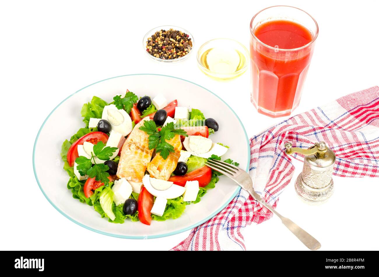 Lettuce, egg, fish, juice. Healthy eating. Studio Photo Stock Photo - Alamy