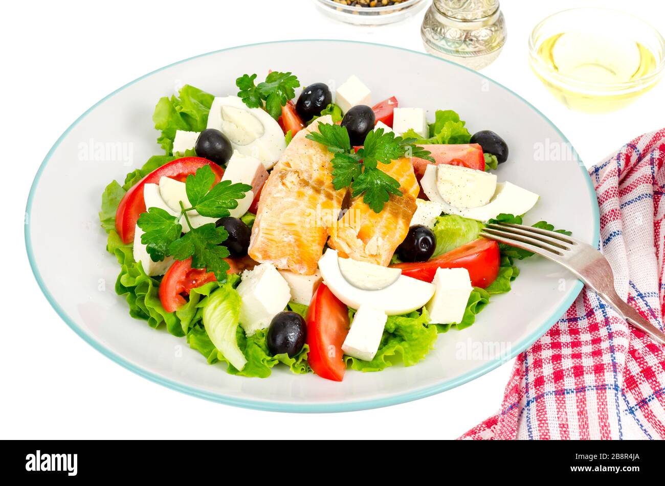 Lettuce, egg, fish, juice. Healthy eating. Studio Photo Stock Photo - Alamy