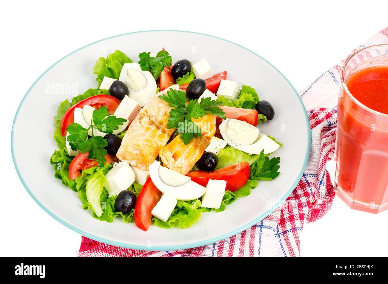 Lettuce, egg, fish, juice. Healthy eating. Studio Photo Stock Photo - Alamy