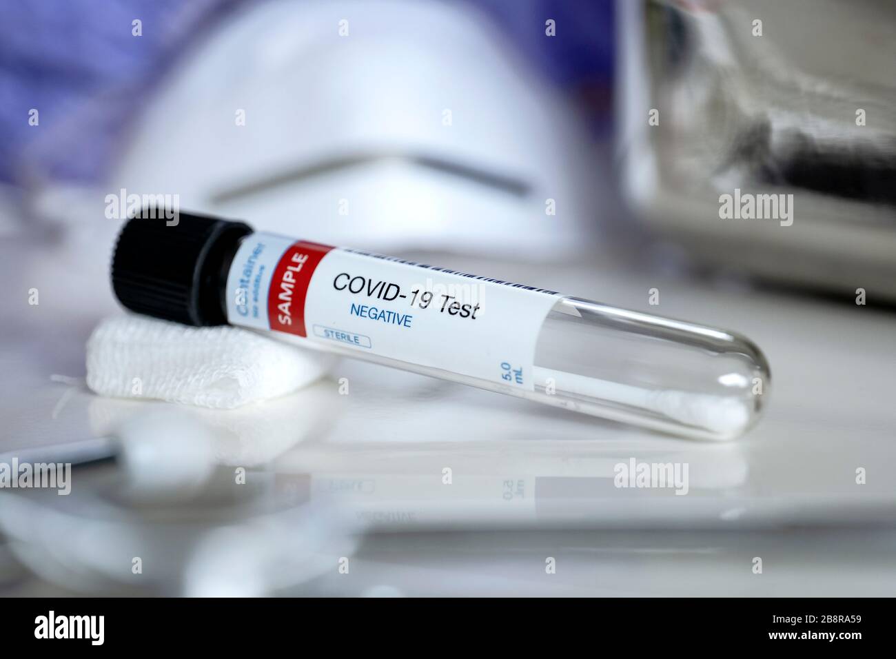 Negative results. Testing for presence of coronavirus. Tube containing ...