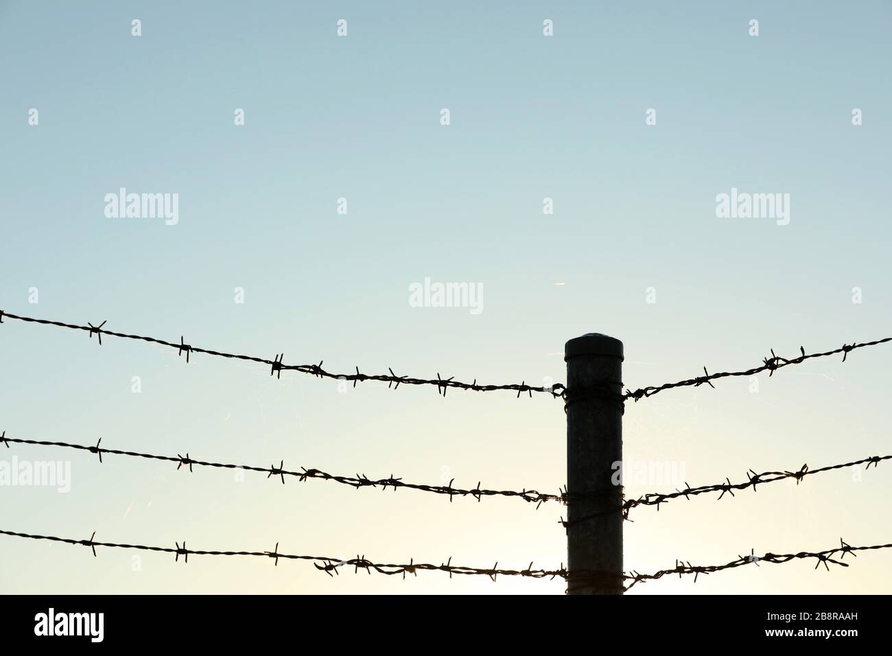 Three lines of dark barbed barb wire fencing coming to a corner post ...
