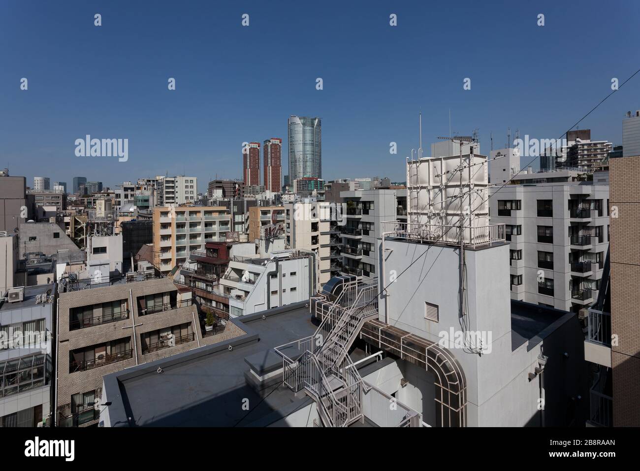 Roppongi Hills tower seen from a rooftop in Azabu Juban, Tokyo, Japan ...