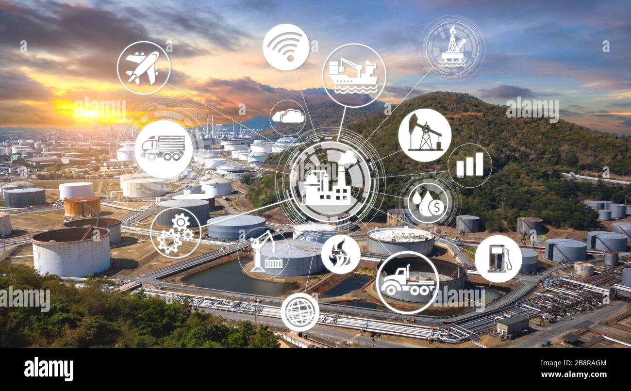 Double exposure of oil refinery industry zone and icon connecting ...