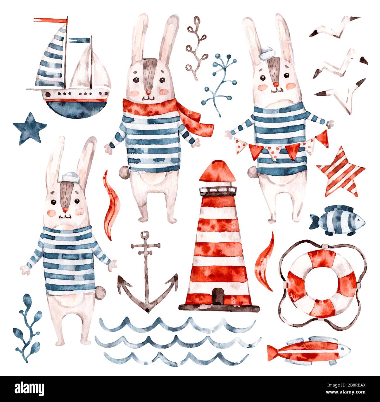 Nautical Watercolor baby rabbit sailor, animal cartoon nursery seaman ...