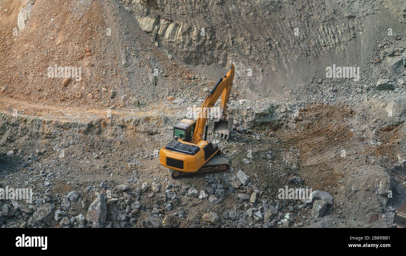 Aerial view of the gold mining openings by the work of many machines ...