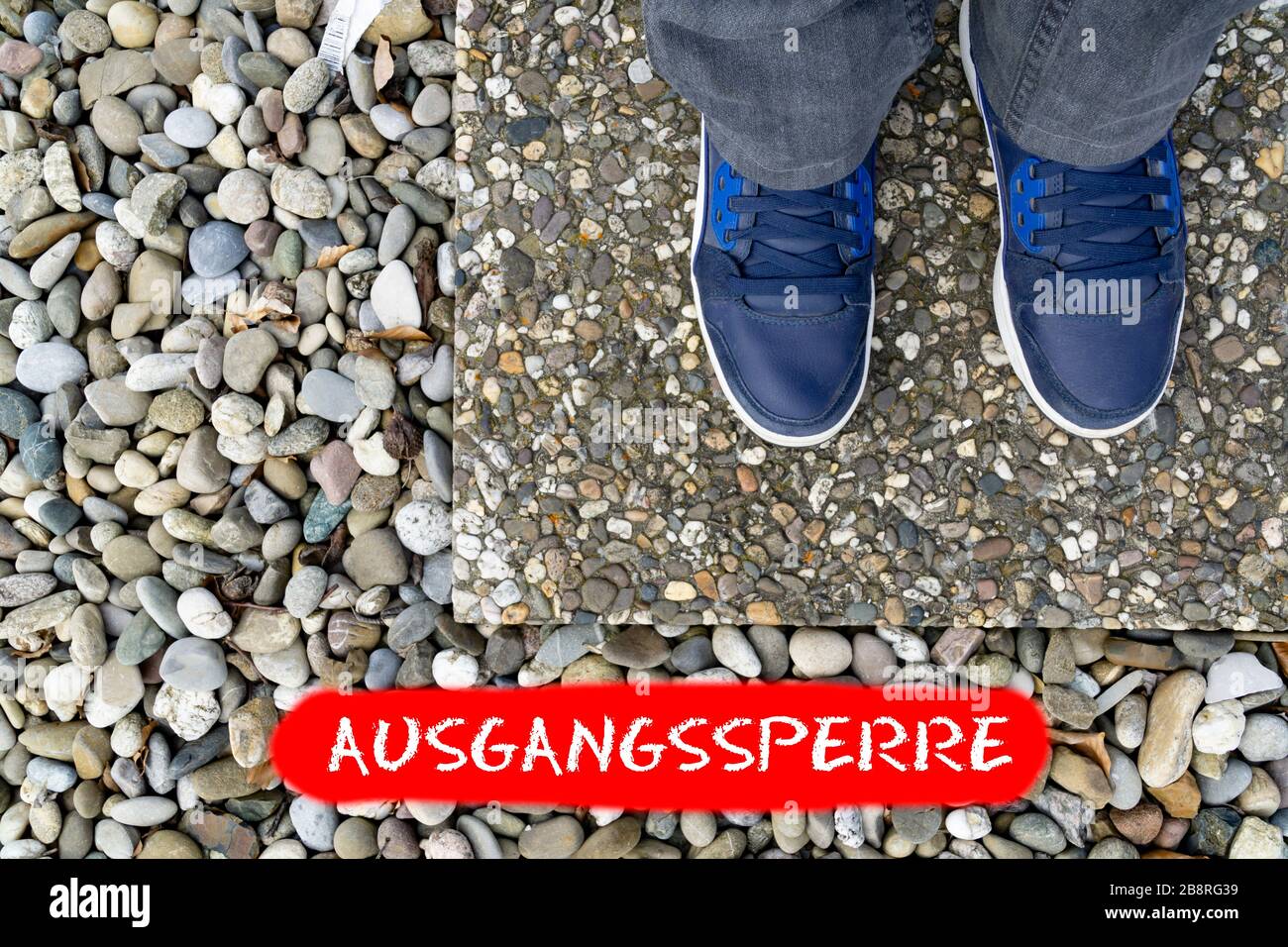 Concept Corona Crisis with Legs jeans in blue shoes, standing on the ...