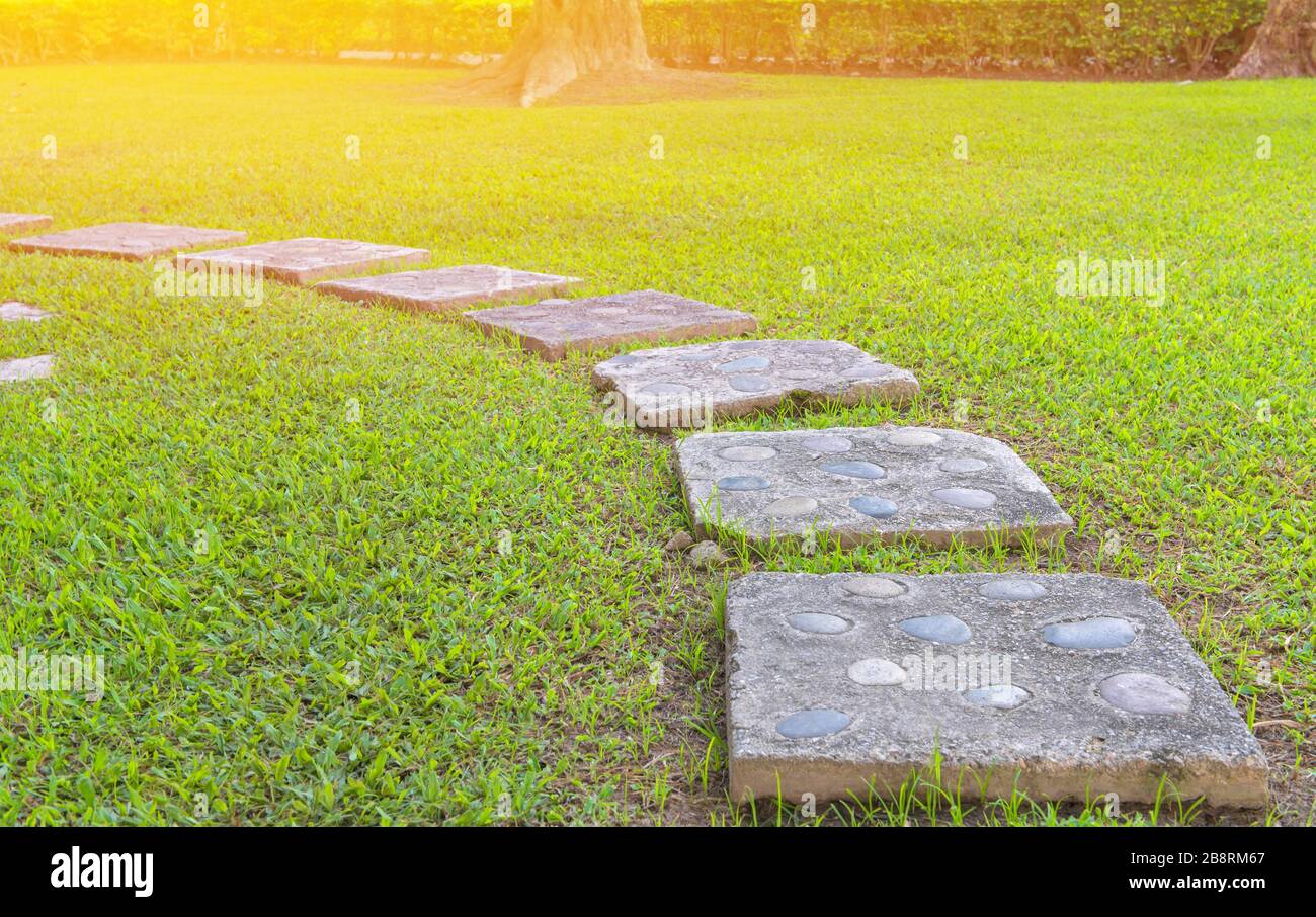 pathway with green grass in the garden Stock Photo - Alamy
