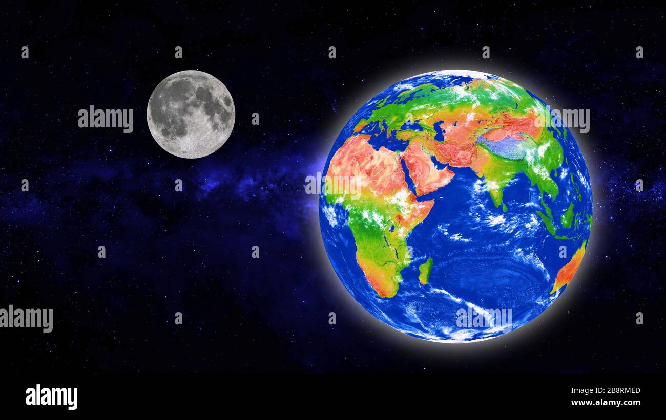 Earth globe and moon over star space background. Elements of this image ...