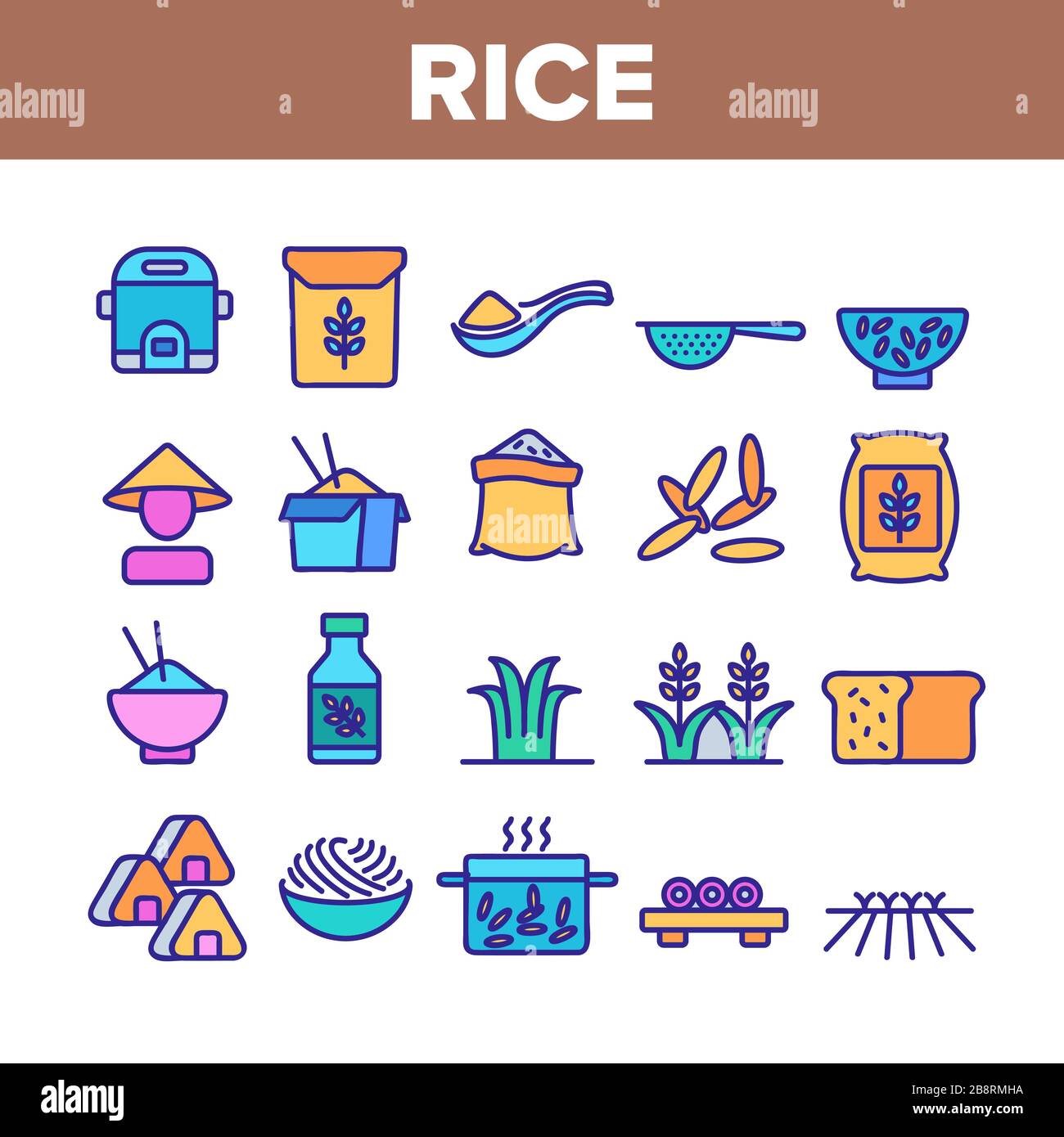 Rice Chinese Culture Collection Icons Set Vector Stock Vector Image ...