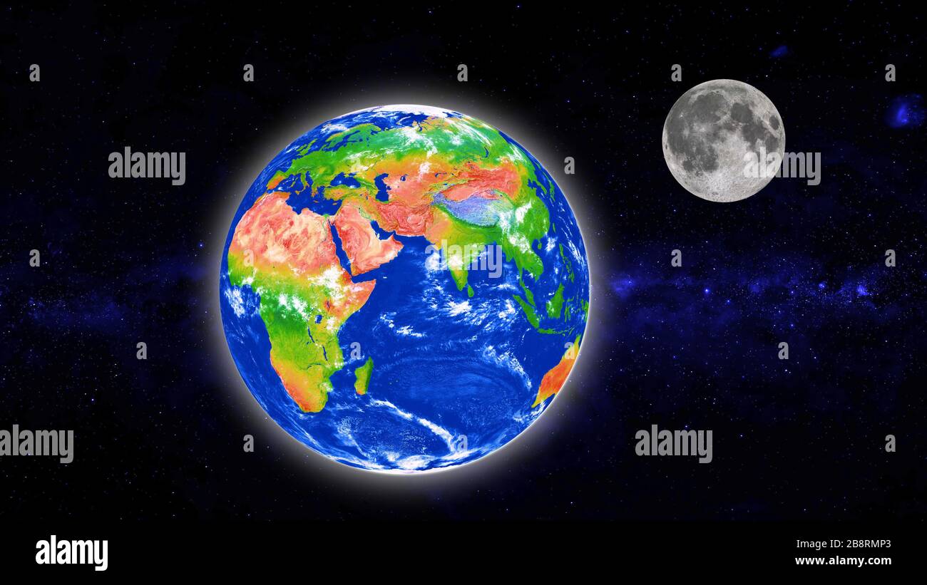 Earth globe and moon over star space background. Elements of this image ...