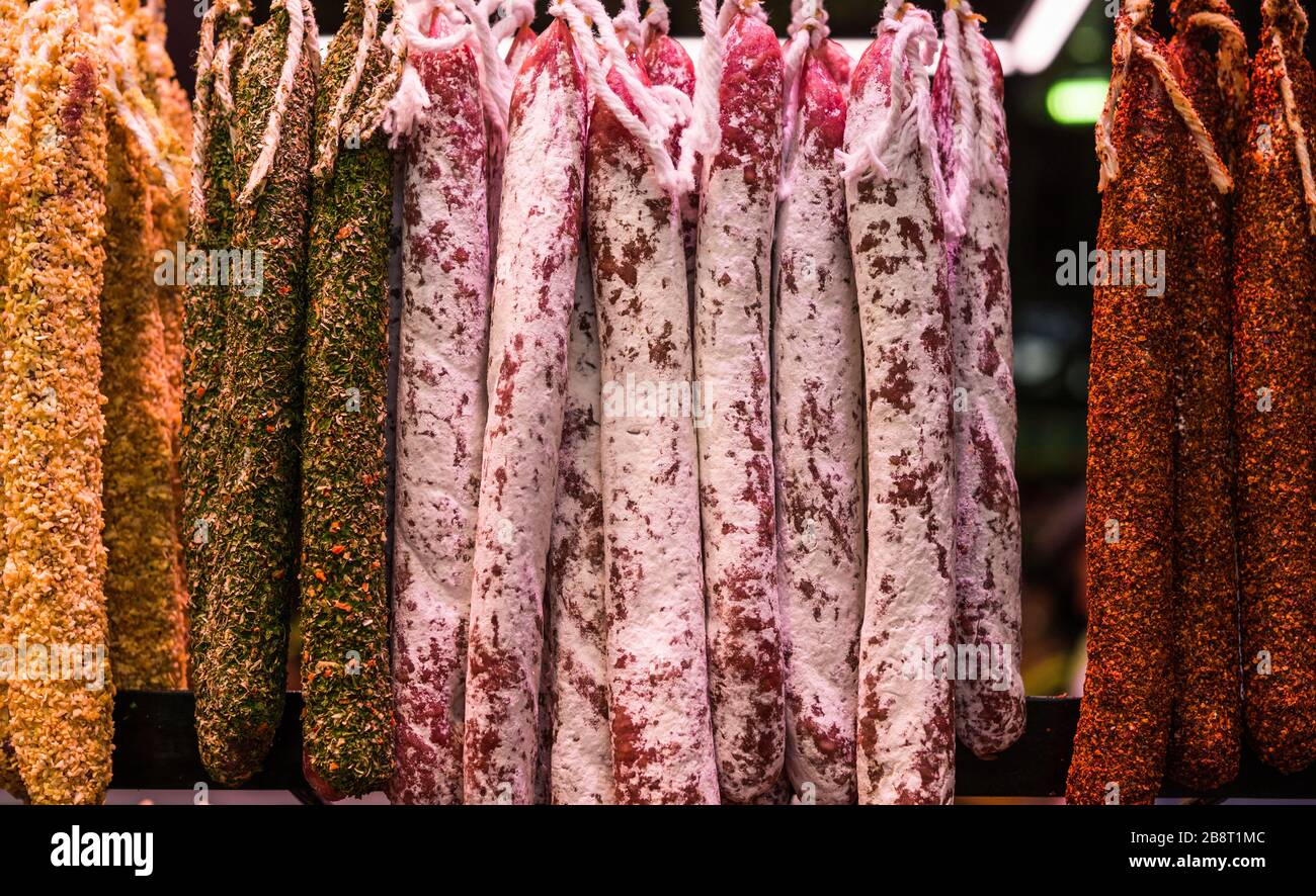 Selection of traditional colorful Italian delicatessen salami sausage ...