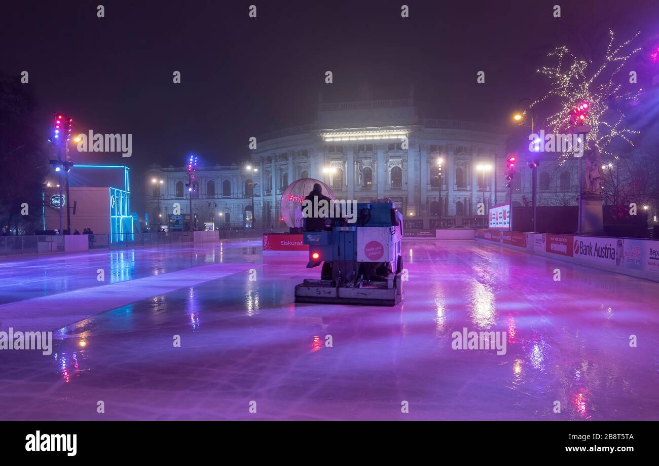 VIENNA, AUSTRIA. The Wiener Eistraum or ice rink at night. Front of the ...