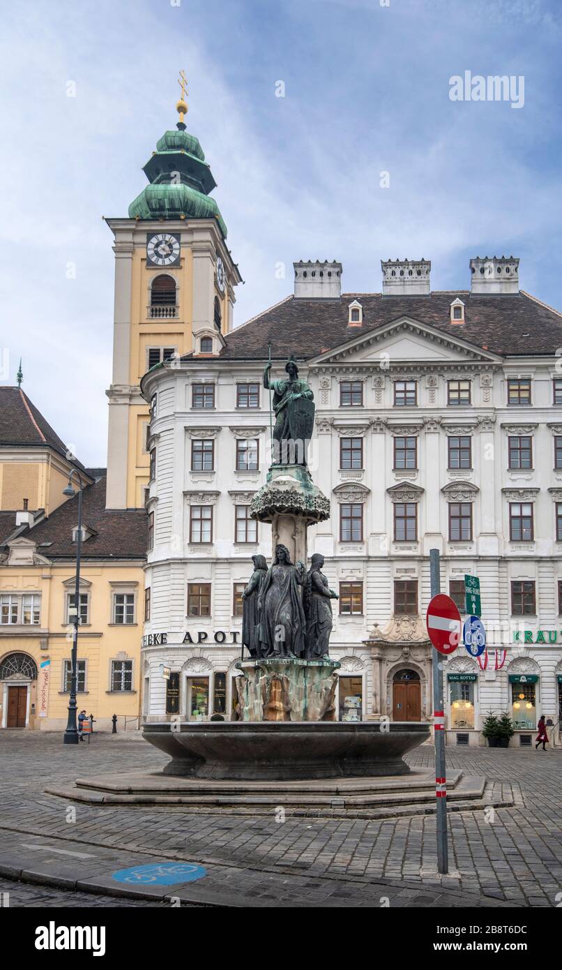 Vienna, Austria. Fountain of Austria (Austriabrunnen) on Freyung square ...