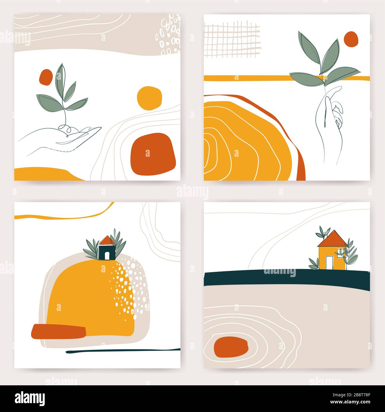Modern collage style abstract design with home and plants in warm ...