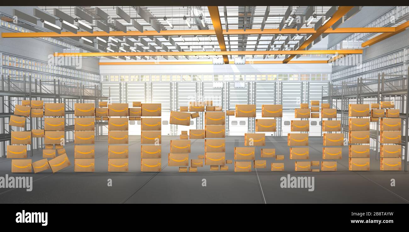 Amazon logo arranged from cardboard packages on the warehouse floor ...