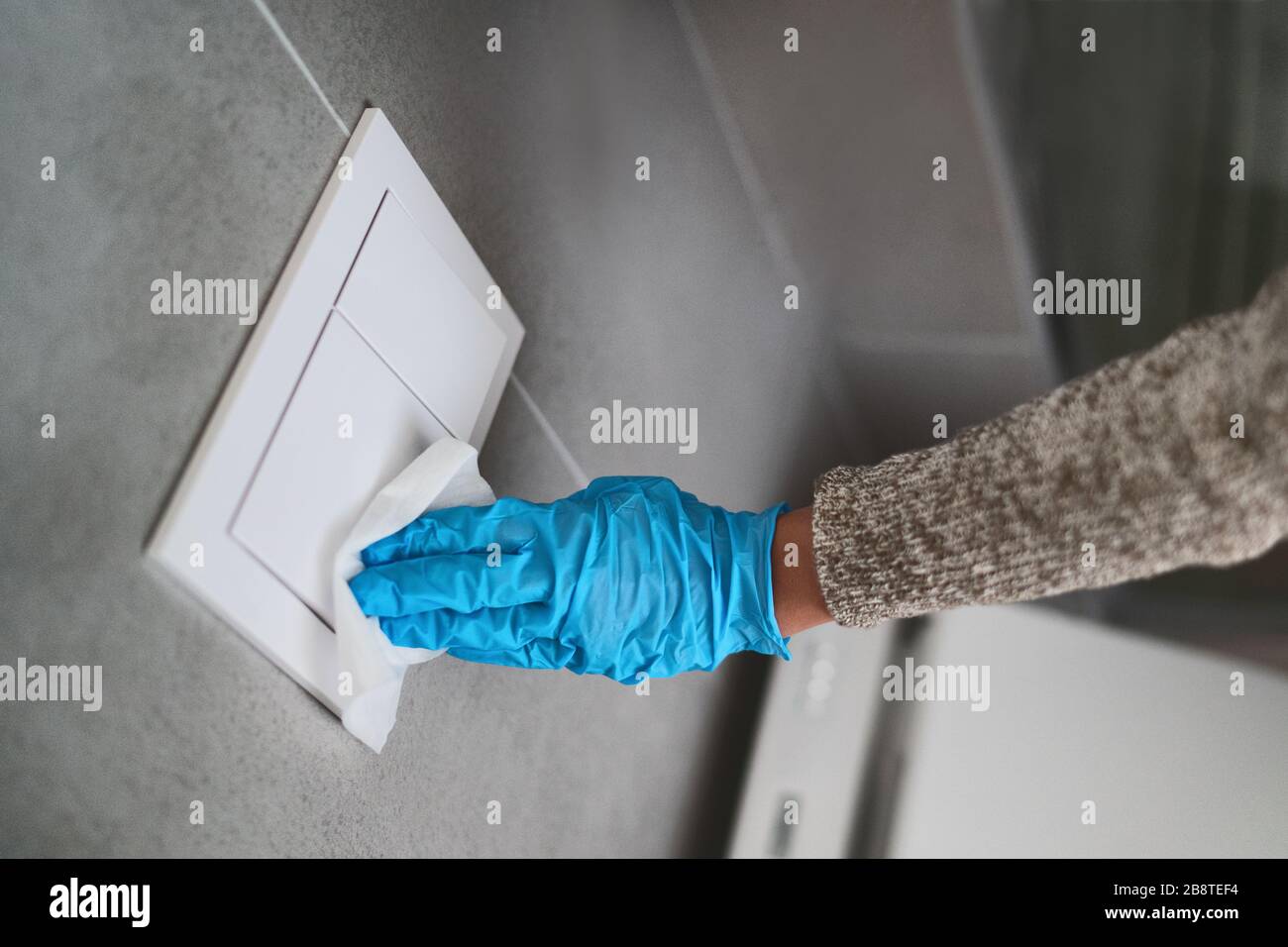 Surface sanitizing wipes of bathroom surfaces, toilet flush wall button ...