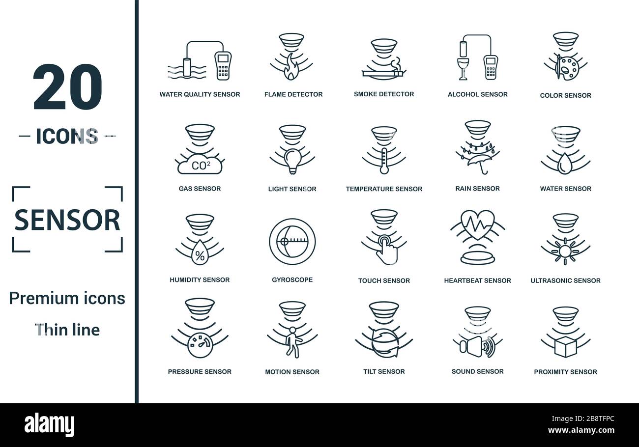 Sensor icon set. Include creative elements water quality sensor, smoke ...