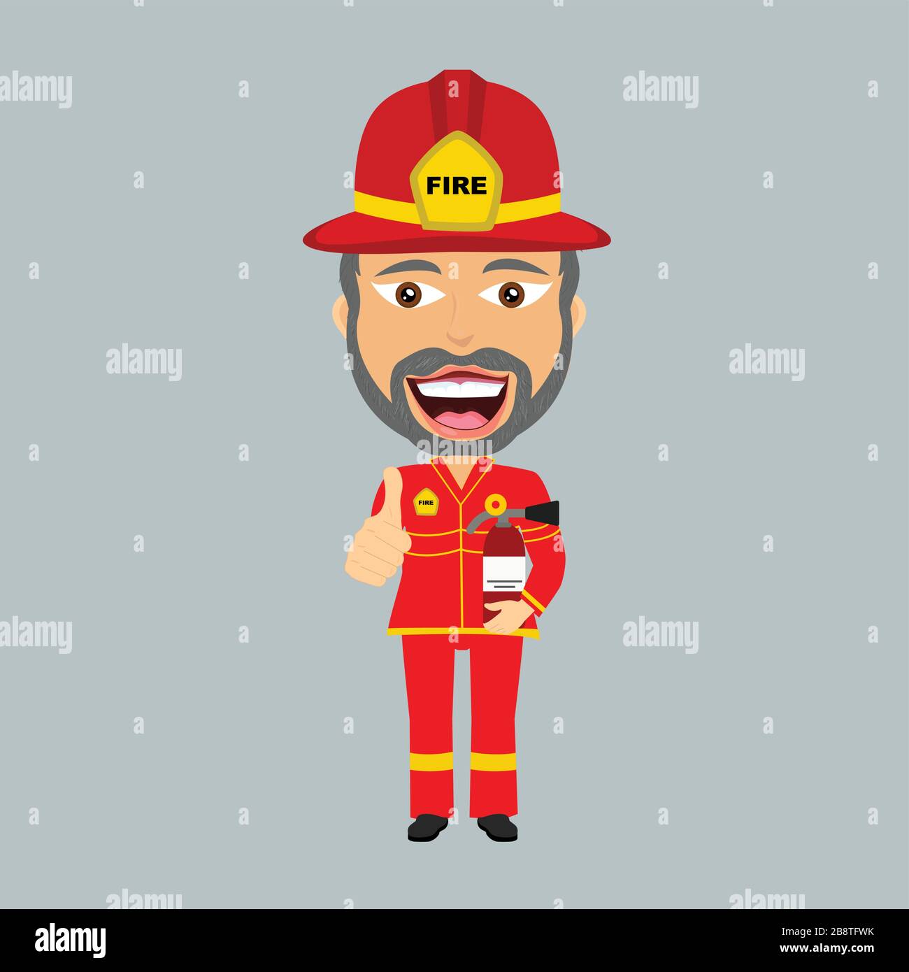 Friendly fireman firefighter smiling thumbs up holding extinguisher ...