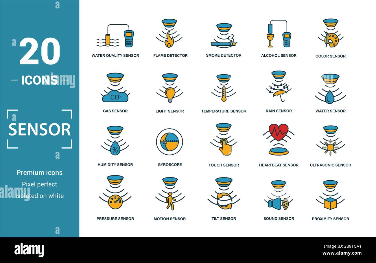 Sensor icon set. Include creative elements water quality sensor, smoke ...