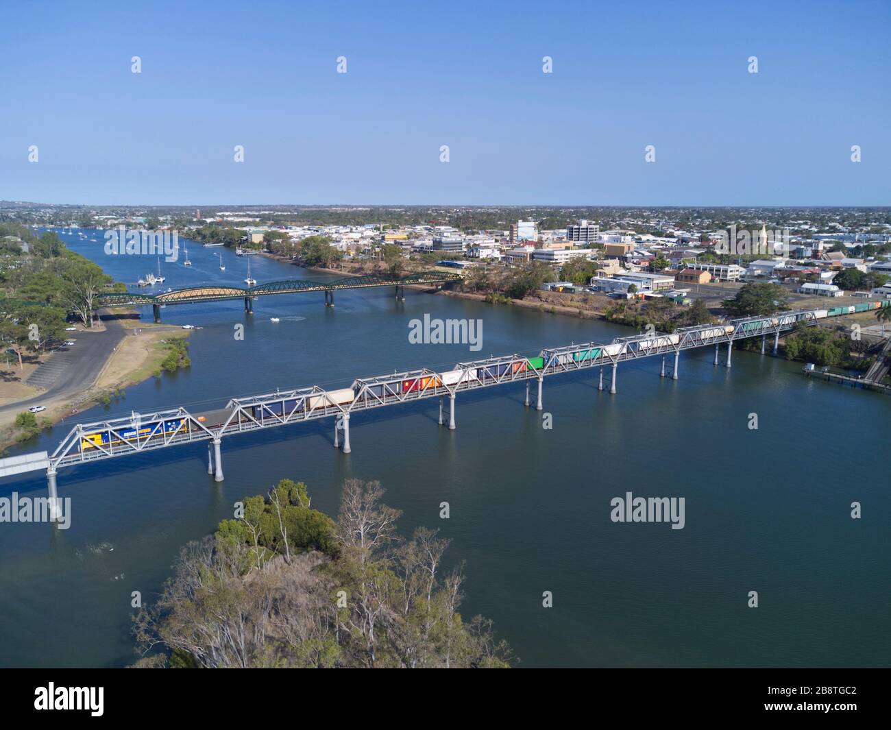 Aerial of a container intermodual freight train as it heads north ...