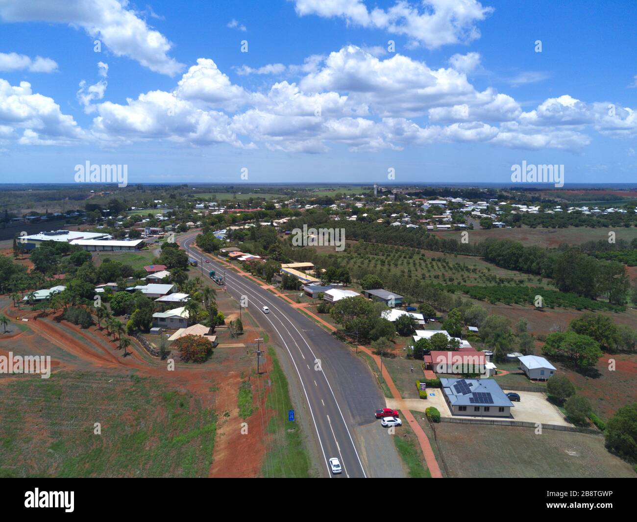 Aerial of small village of Childers on the Bruce Highway Queensland ...