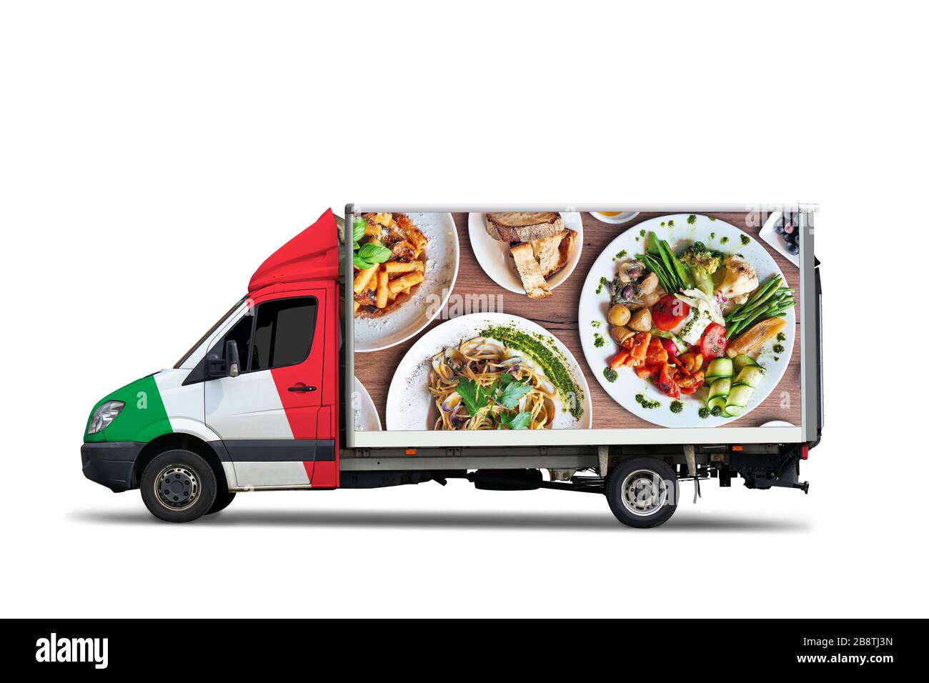 Italian delivery truck in motion on forest road. Ther is a path for the ...