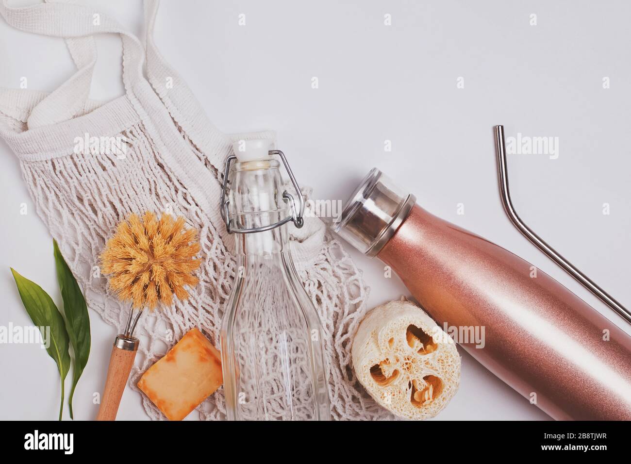 Zero waste plastic free home tools and items on white background Stock ...