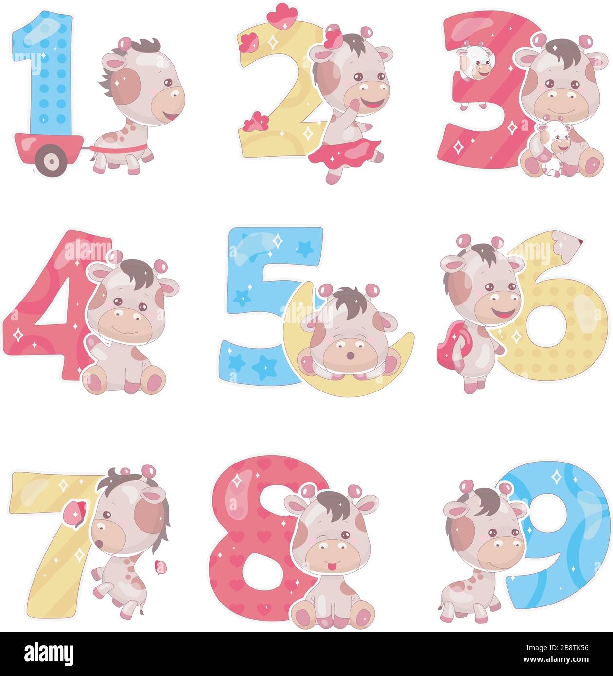 Cute numbers with baby giraffe cartoon illustrations set Stock Vector ...