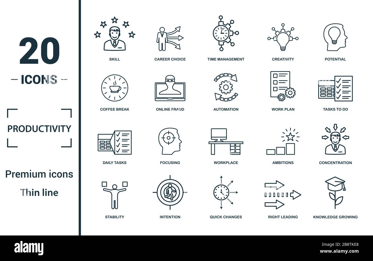 Productivity icon set. Include creative elements skill, time management ...