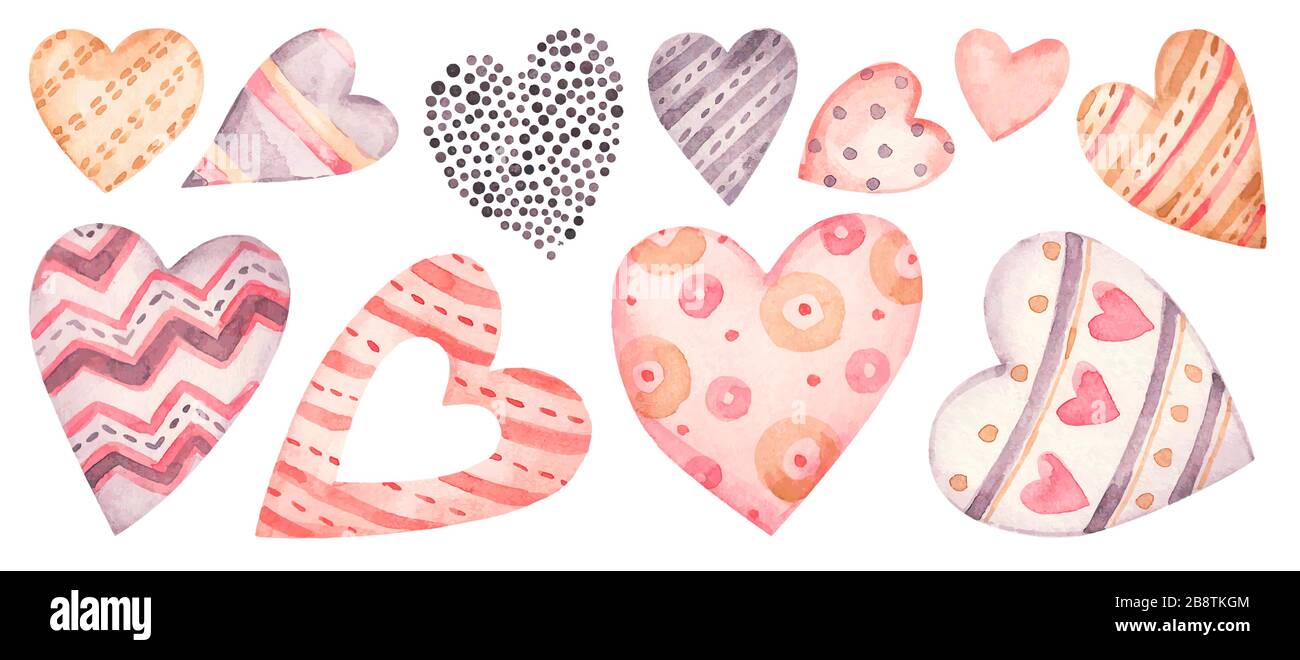 Vector watercolor hearts pink and red set. Valentines day hand painted ...