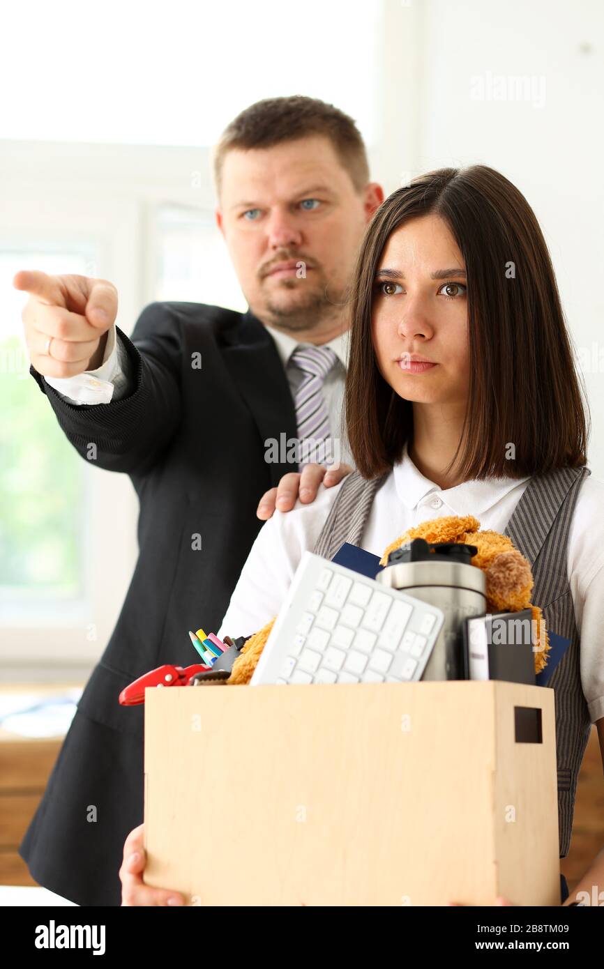Angry yelling boss point arm to exit Stock Photo - Alamy