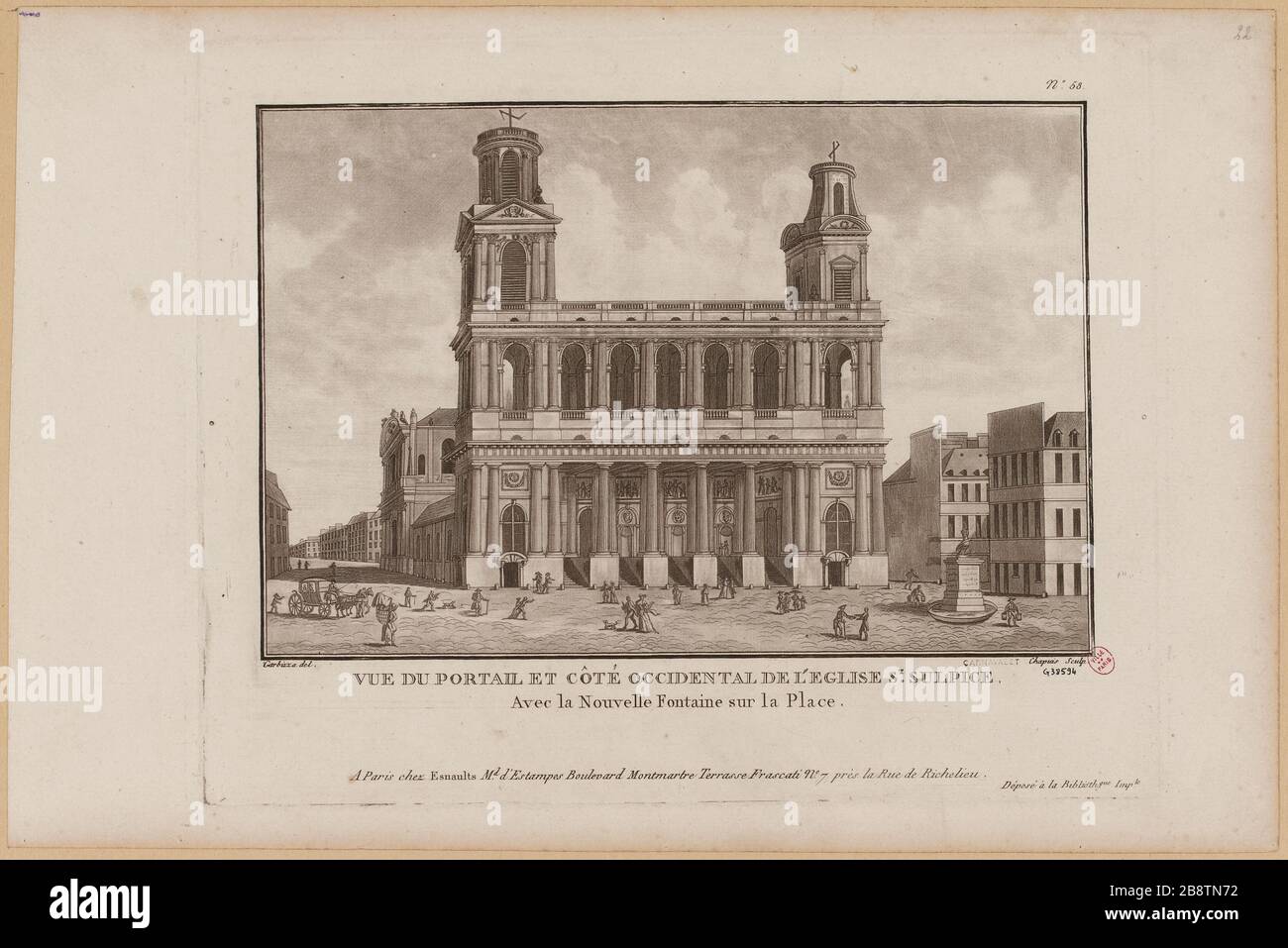 Portal view and west side of the Saint-Sulpice church, the new fountain ...