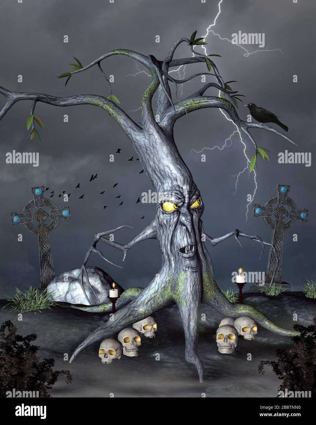 Horror tree with frightening hands in a stormy weather scenery Stock ...