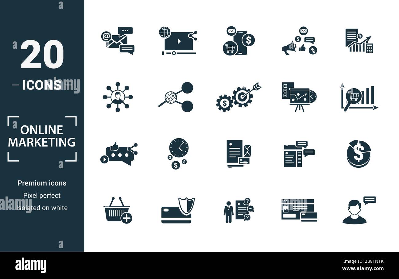 Online Marketing icon set. Include creative elements email marketing ...