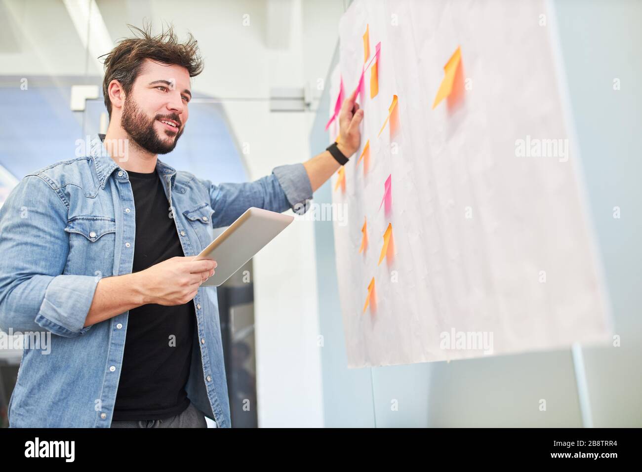 Business man in brainstorming workshop analyzing and evaluating ideas ...