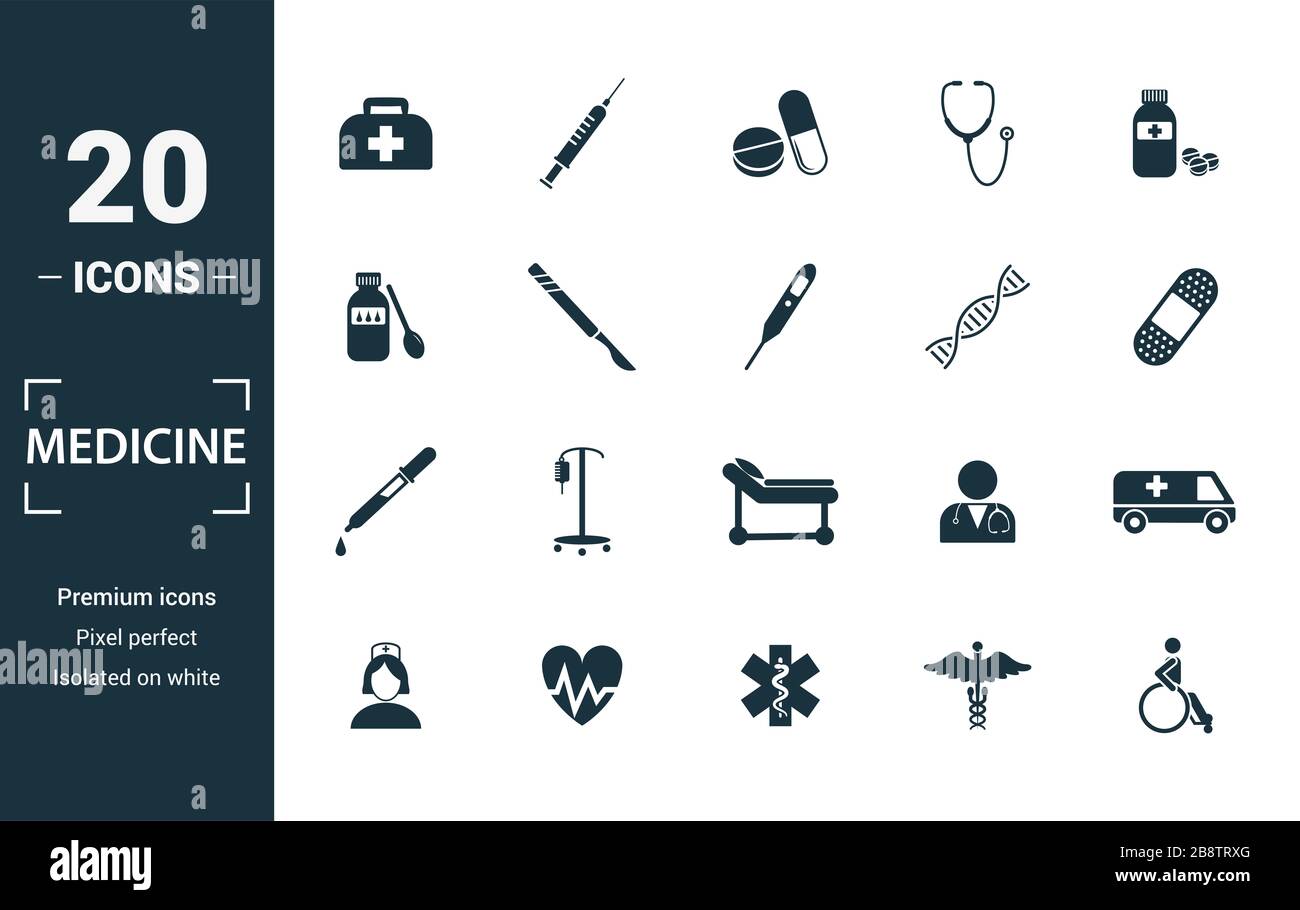 Medicine icon set. Include creative elements medical bag, pills ...