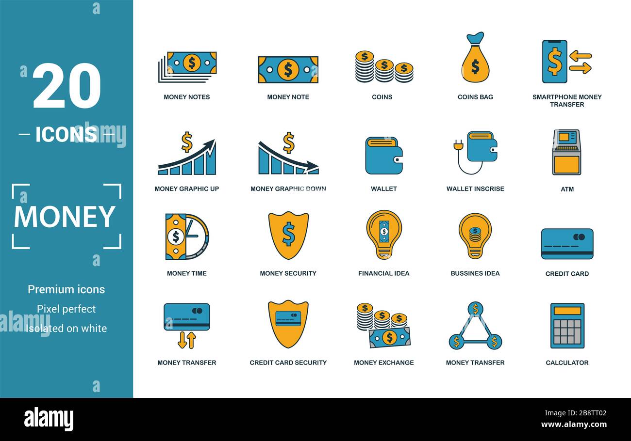 Money icon set. Include creative elements money notes, coins, money ...