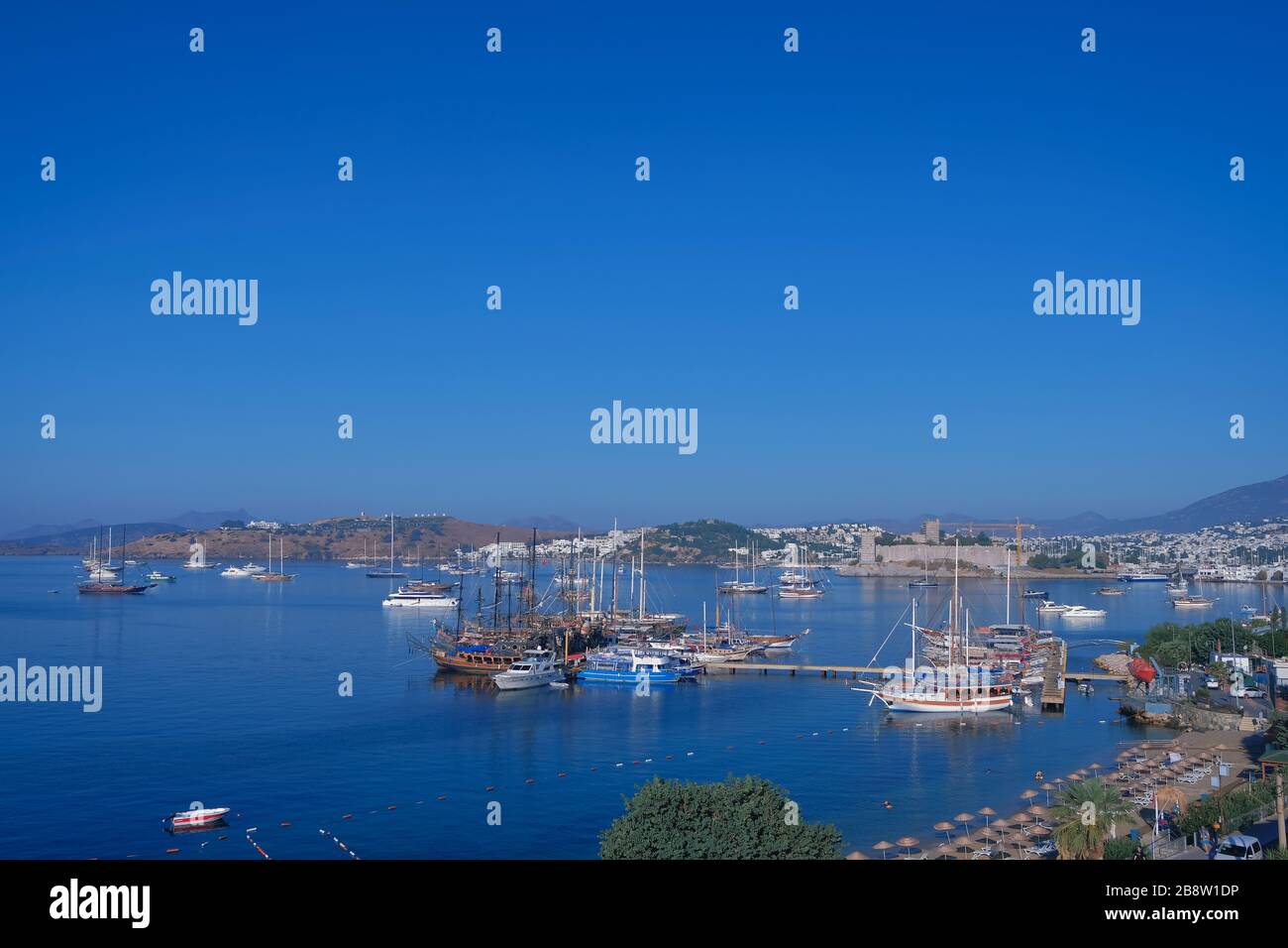 Bodrum Downtown with castle, beach and marina. View of Bodrum Beach ...