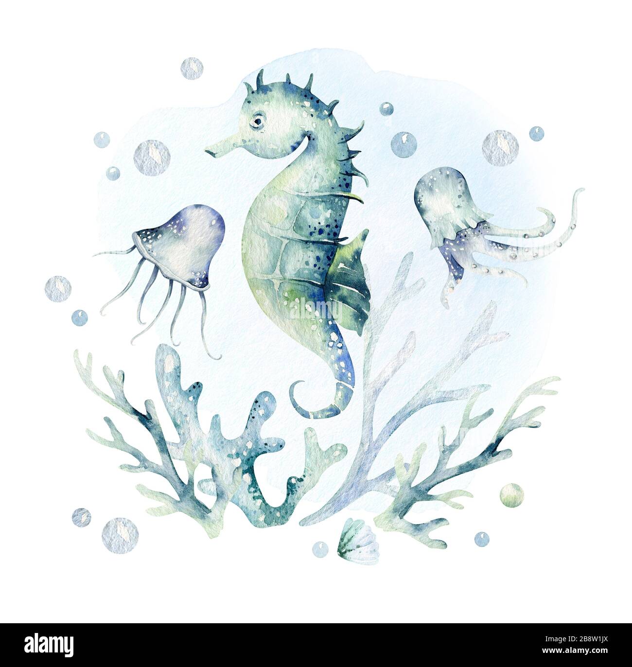 Set of sea animals. Blue watercolor ocean fish, turtle, whale and coral ...
