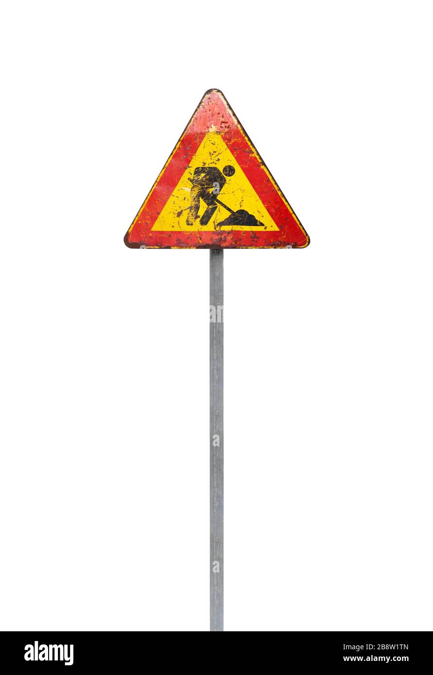 Road sign isolated on white background. Men at work, road under ...