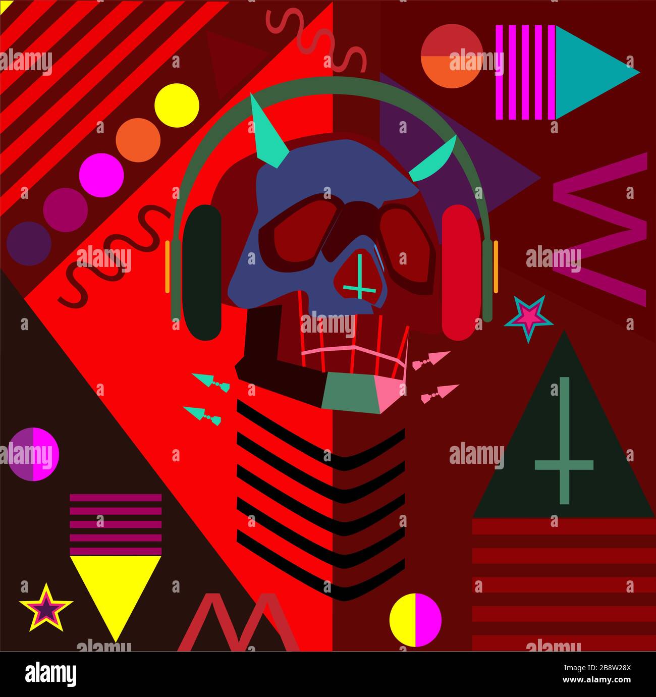 Devil skull with headphones and inverted cross, on abstract red ...