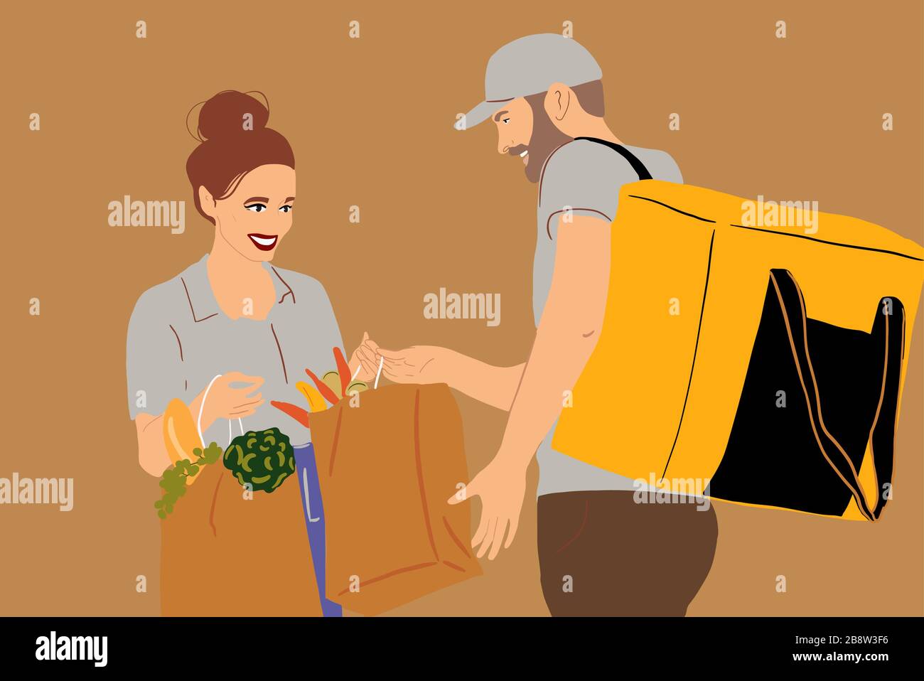 Courier delivering fresh groceries in paper bags to a young woman ...