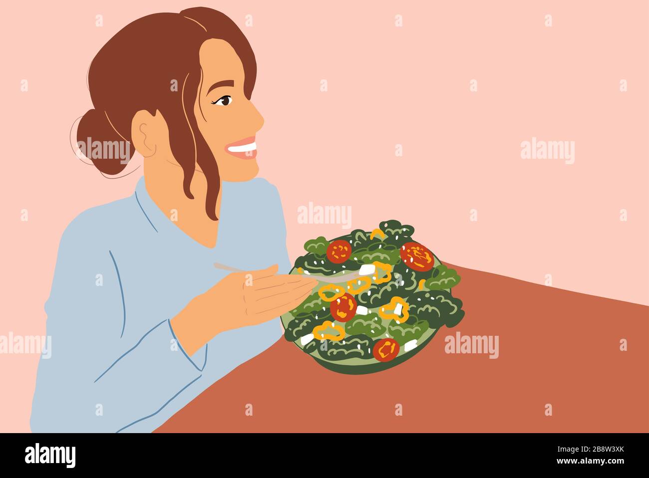 Happy young woman eating healthy salad. Colorful vector illustration in ...