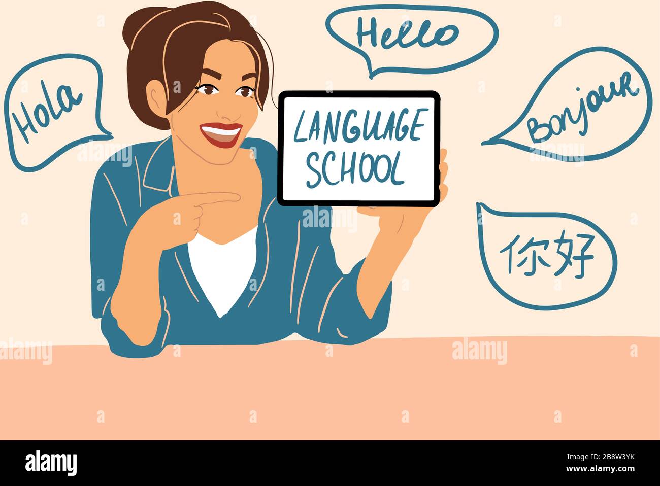Woman learns foreign languages online using mobile device. Vector ...