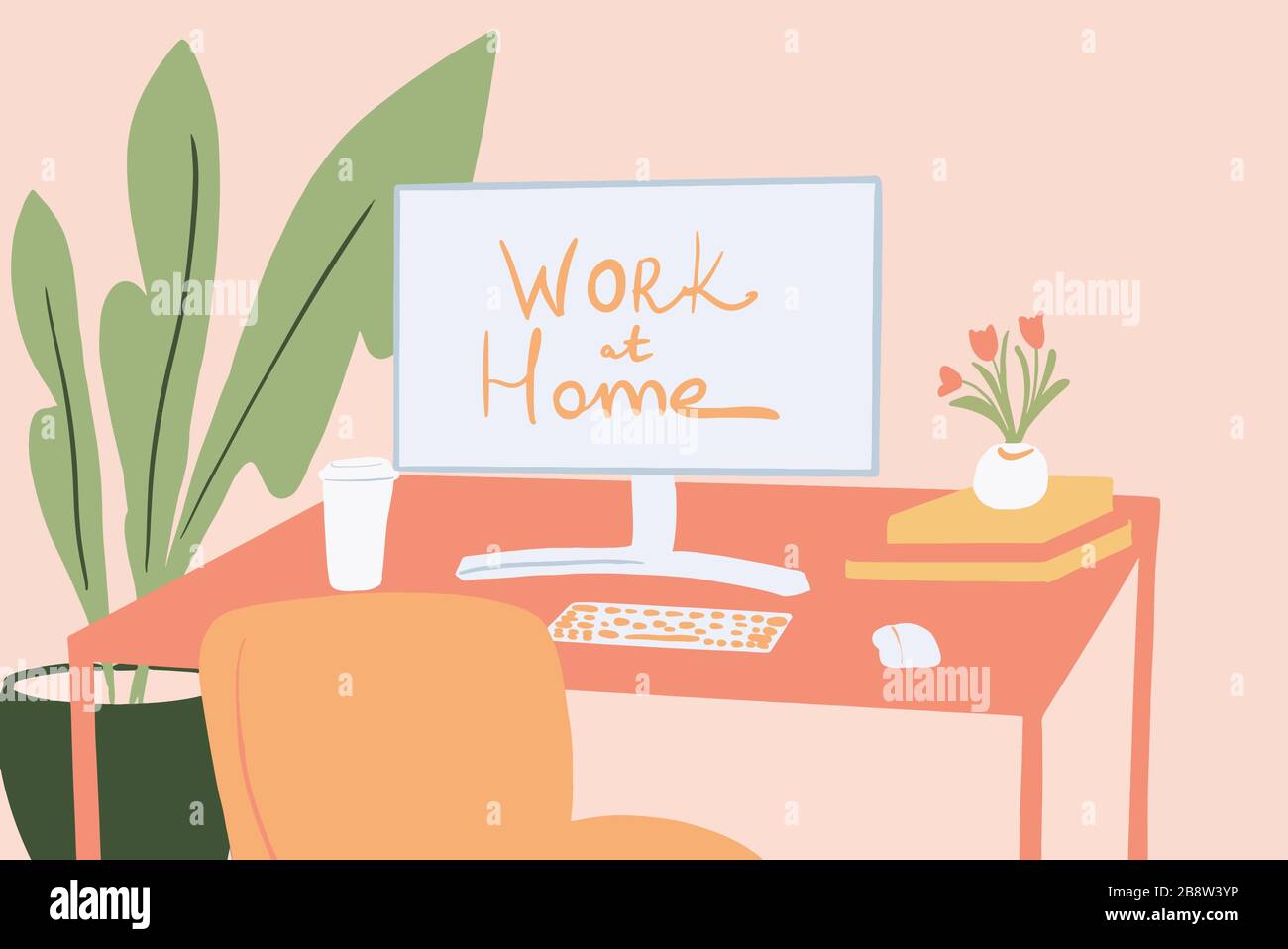 Cozy workplace with a desktop monitor and flowers at home. Colorful ...