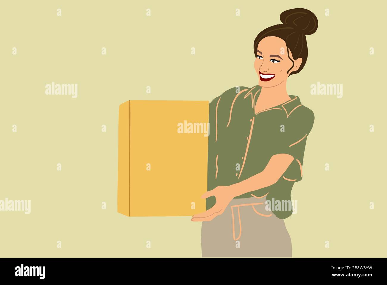 Young woman with parcel on the green background. Concept of delivery ...