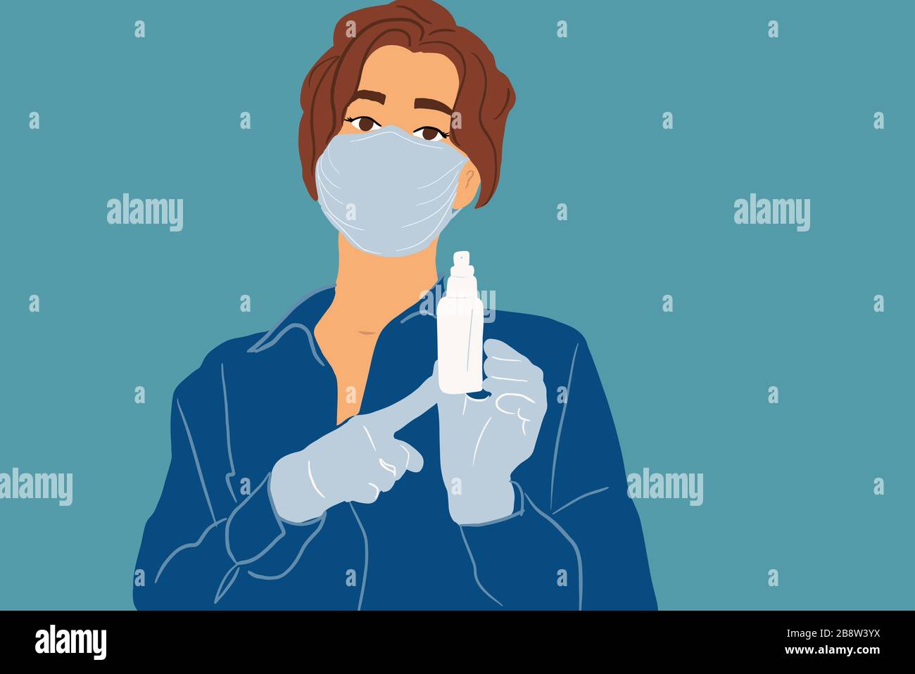 Woman in medical mask and gloves holding a disinfectant spray. Concept ...