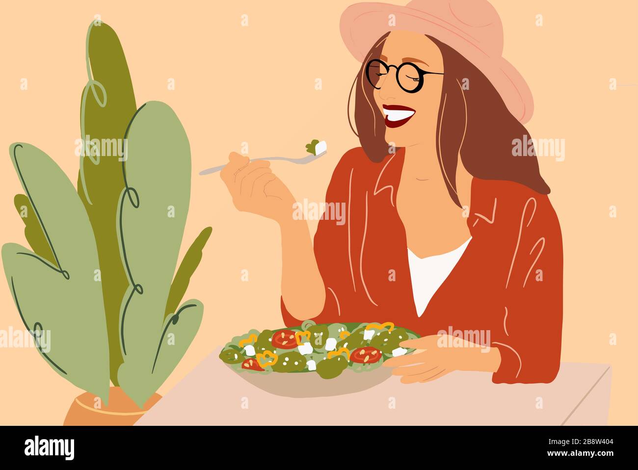 Happy young woman eating healthy salad. Colorful vector illustration in ...